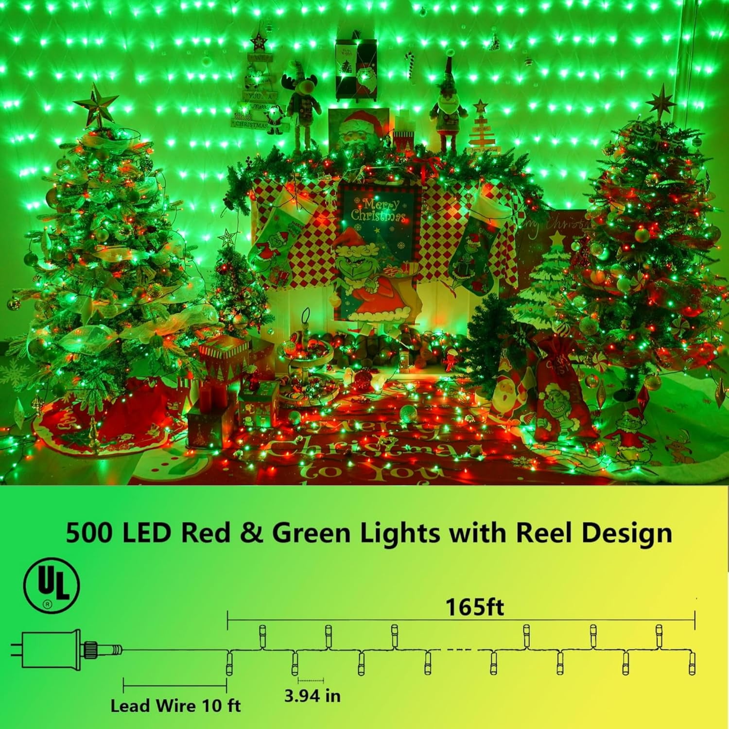 LINYAN-165ft 500 LED Christmas Lights Outdoor Waterproof, Red and Green ...