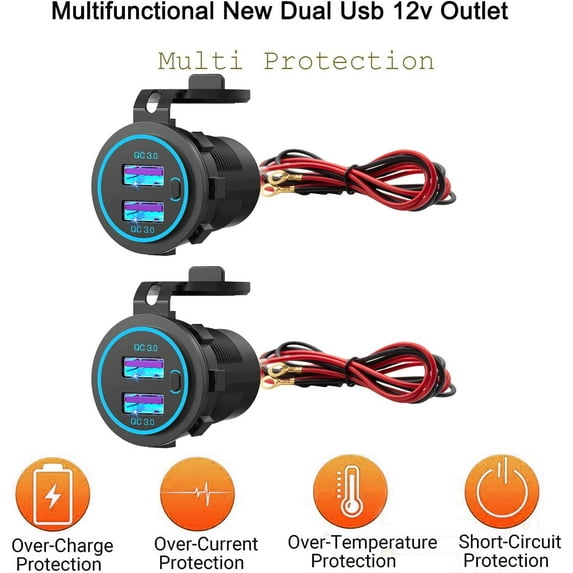 LINYAN-[2 Pack] 12V Dual USB Quick Charger 3.0 Port Waterproof Power ...