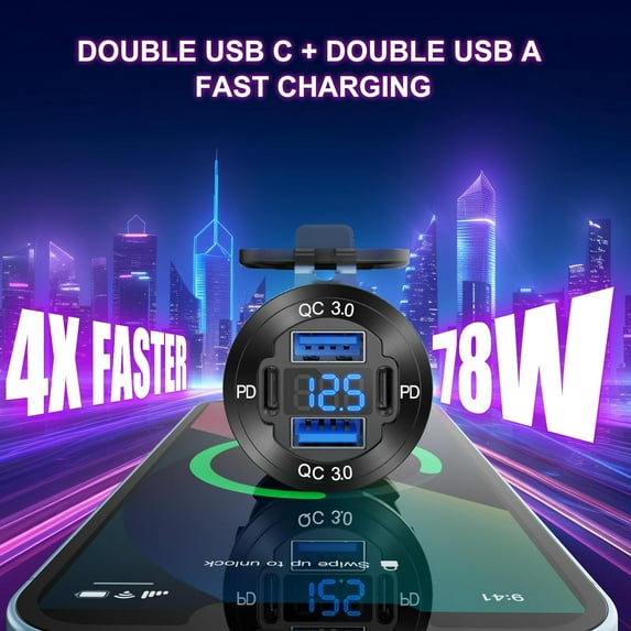 LINYAN-2 Pack 4 Port 12V USB Outlet Aluminum Charger, 78W Dual PD & QC ...