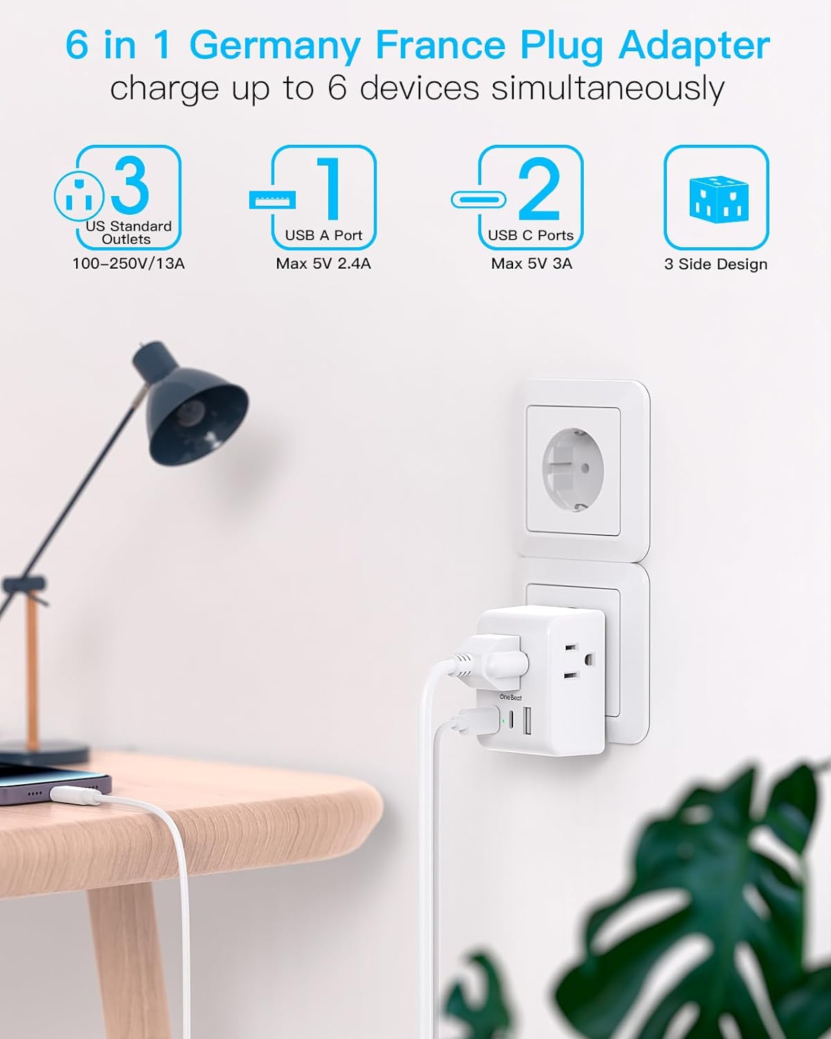 LINYAN-2 Pack Germany France Travel Plug Adapter with 3 Outlets 1 USBA 2 USB C, Type E/F ...