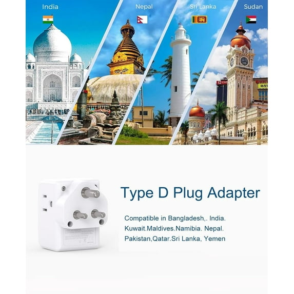 LINYAN-2 Pack India Power Adapter, Type D Plug Adapter with 3 American ...