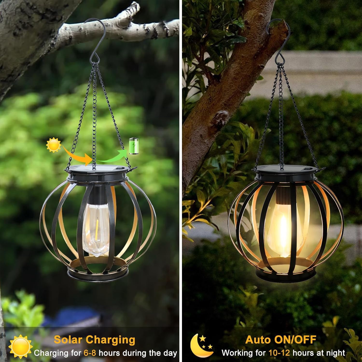 LINYAN-2 Pack Solar Lantern Lights Outdoor, Black Metal Hanging Solar ...