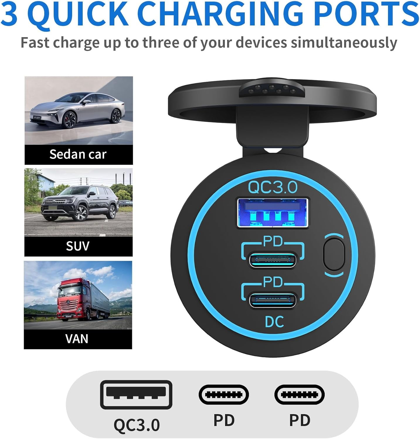 LINYAN-2 Pack USB C Car Charger Socket 12V USB Outlet, 78W Dual 30W PD ...