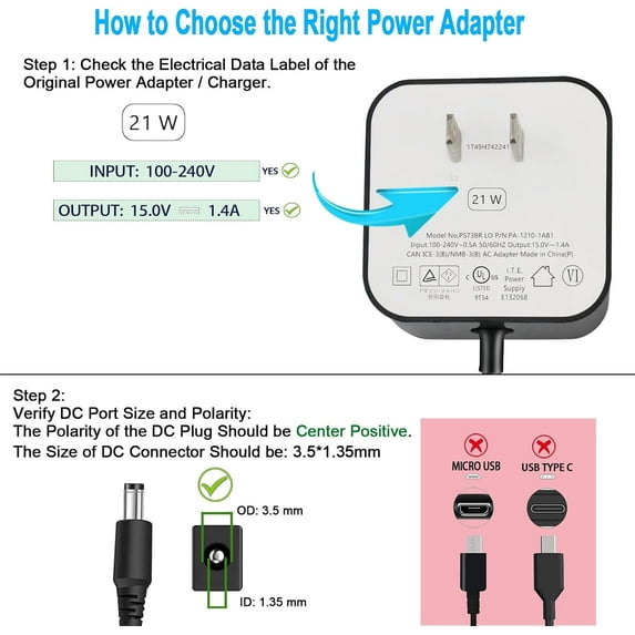 LINYAN-21W Charger Power Cord, 15V 1.4A Replacement AC Power Adapter ...