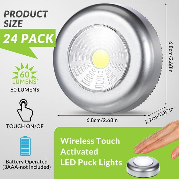 LINYAN-24 Pcs Push Tap Light 2.68" Mini Night Touch LED Puck Lamp ...
