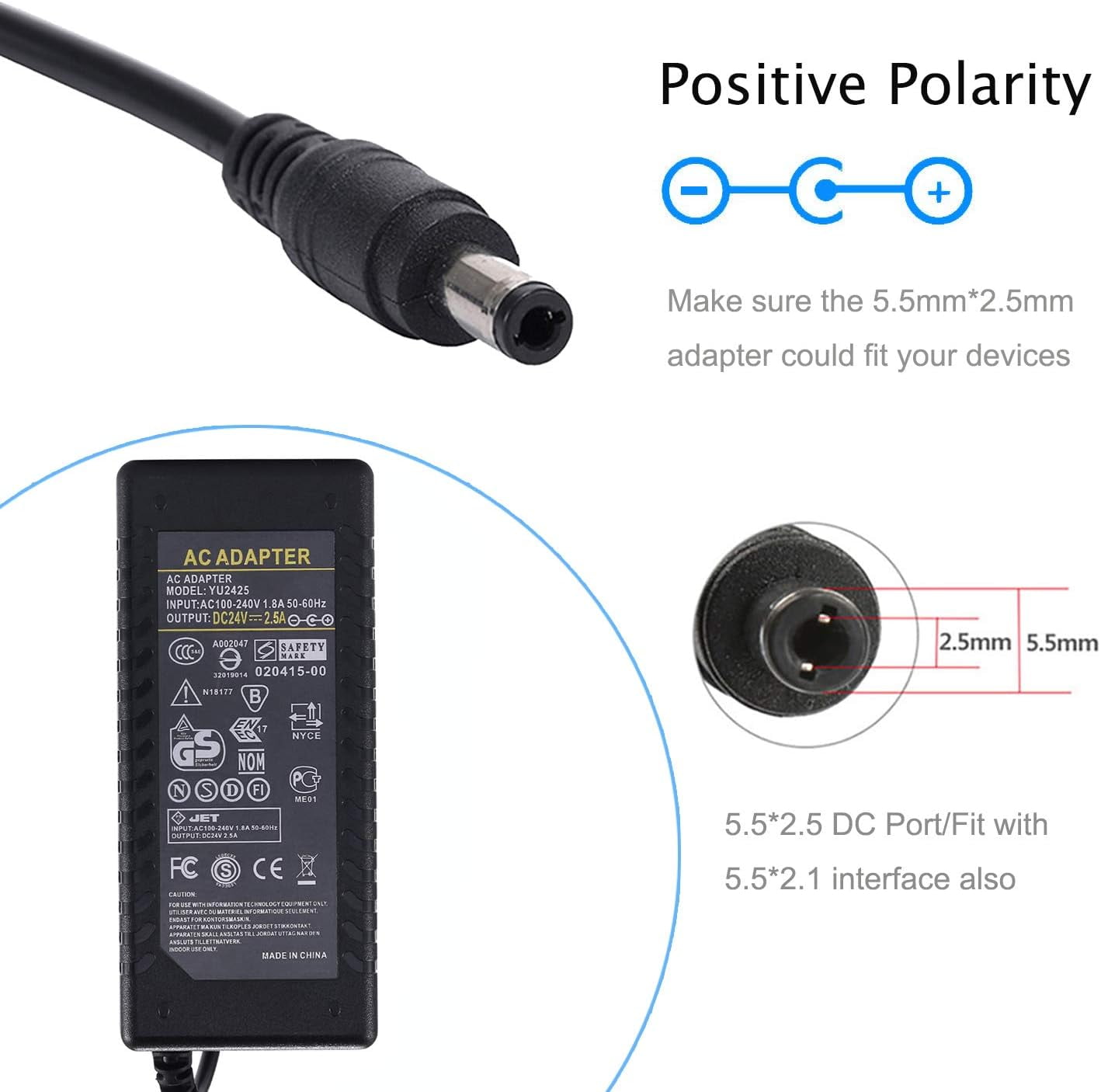 LINYAN-24V 2.5A Power Supply - AC DC 24V 2.5A Power Adapter AC/DC 60W ...