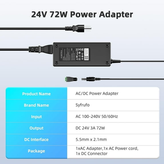 LINYAN-24V 3A Power Supply 100-240V AC to DC Power Supply with 5.5mm*2 ...