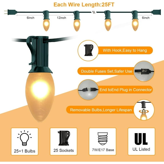 LINYAN-25 FT C9 Frosted Christmas Lights,Warm White Outdoor Light with ...