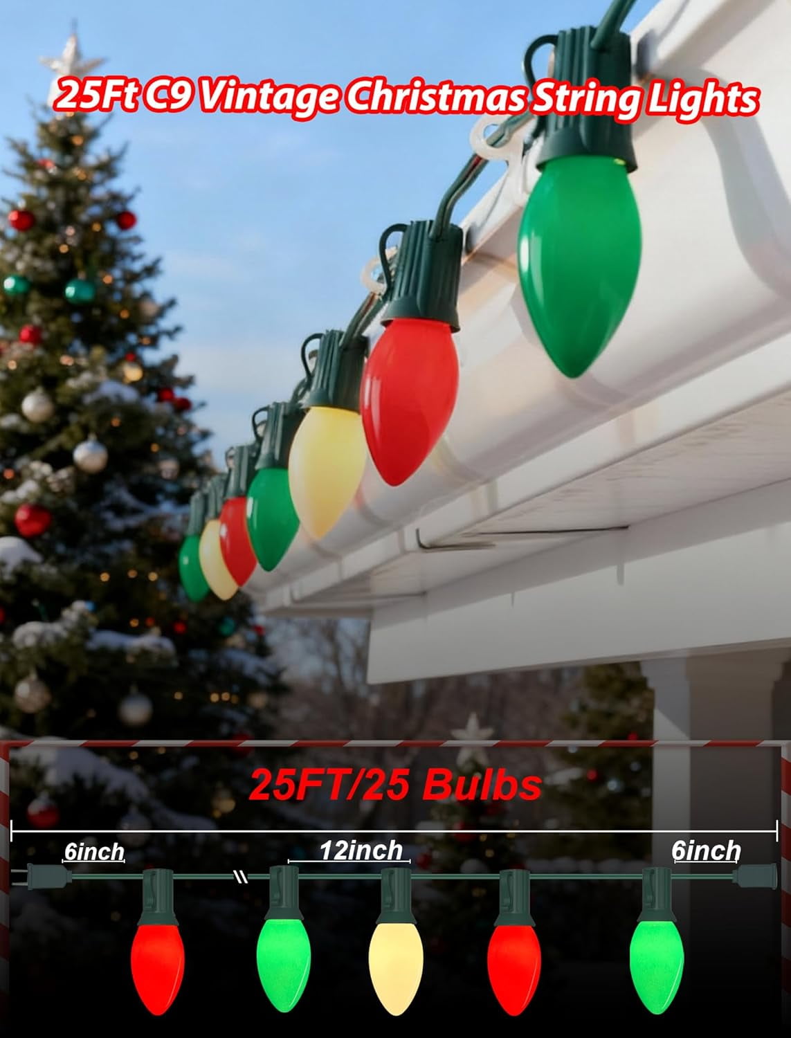 LINYAN-25Ft Red White and Green Christmas Lights,C9 Outdoor Christmas ...