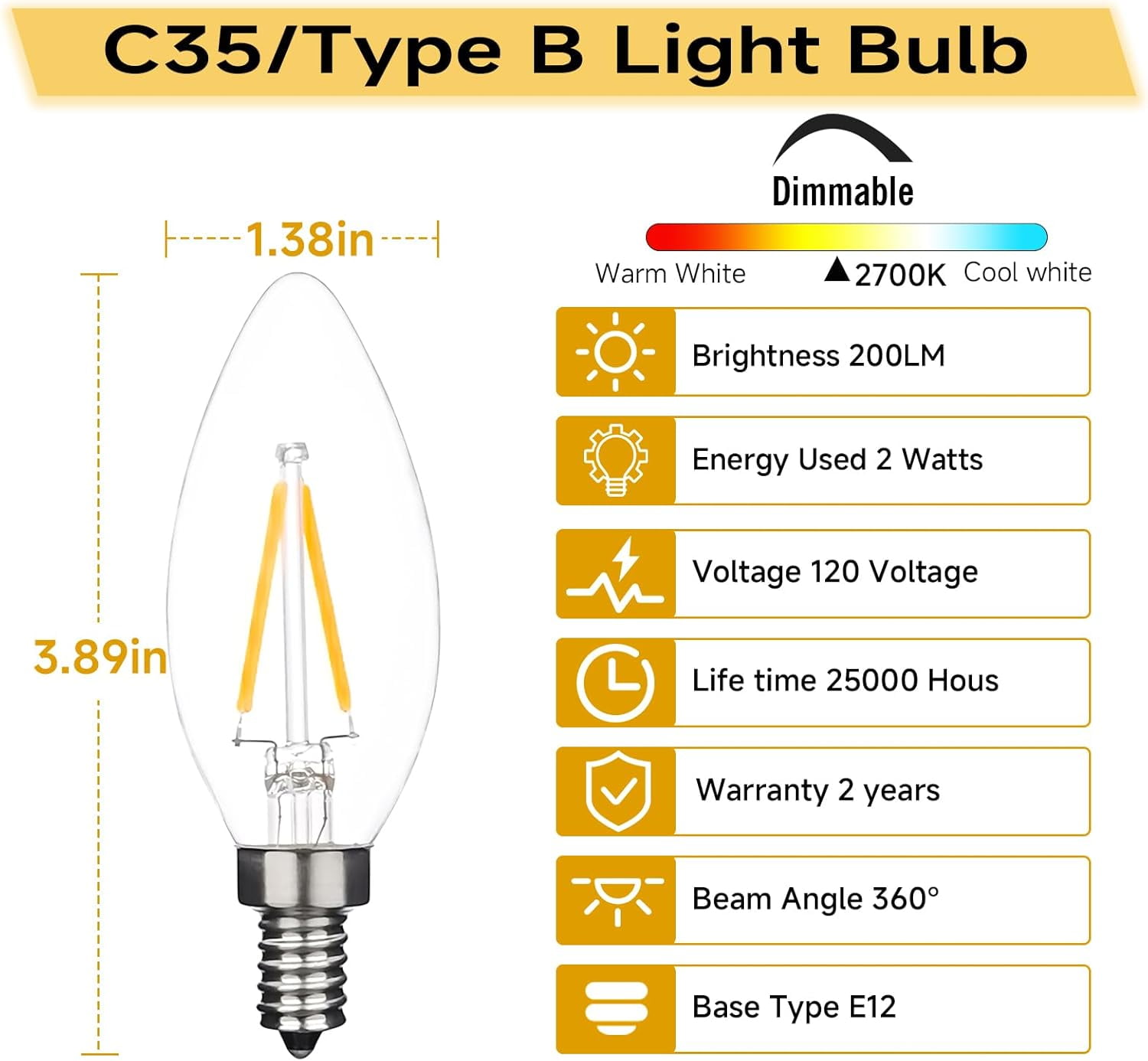 LINYAN-25W Equivalent Type B LED Chandelier Bulb B11/B10 Shape, E12 ...