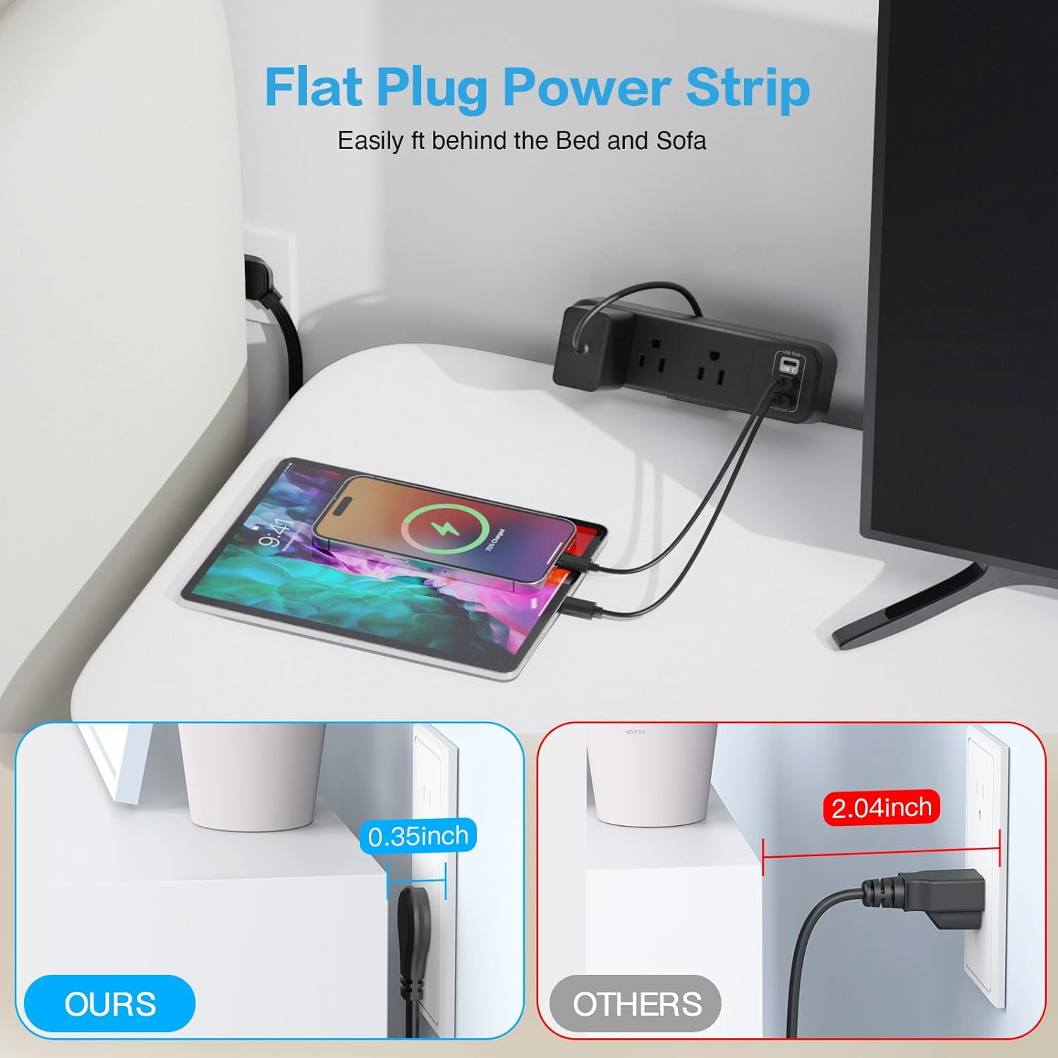 LINYAN-3 Outlet Desk Clamp Power Strip with USB C, Black Flat Plug ...