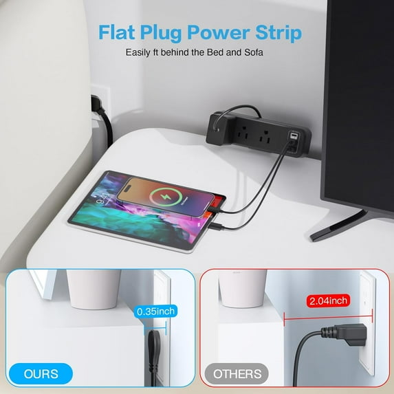LINYAN-3 Outlet Desk Clamp Power Strip with USB C, Black Flat Plug ...