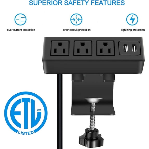 LINYAN-3 Outlet Desk Clamp Power Strip with USB Ports, Desktop Power ...