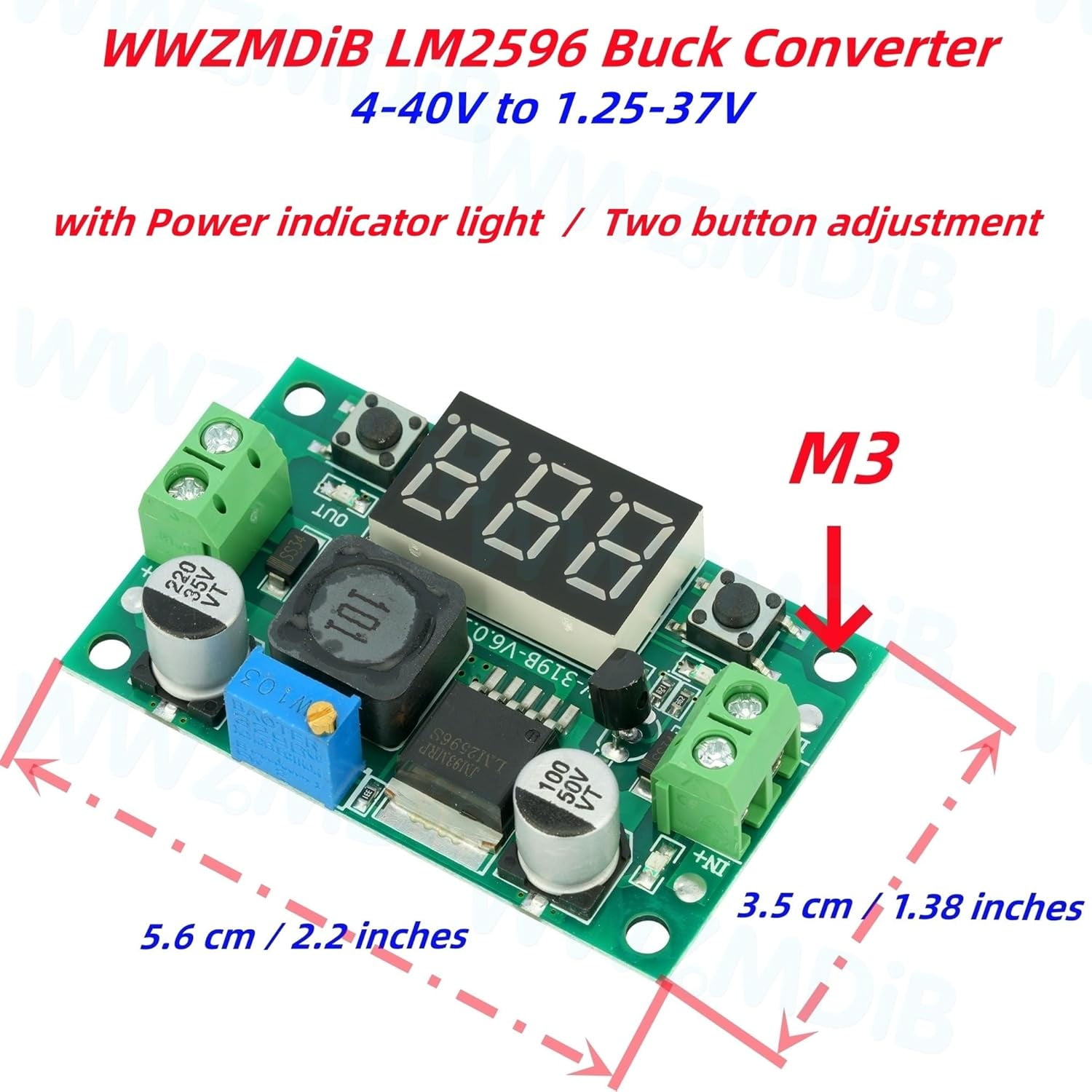 LINYAN-3 Pcs LM2596 DC to DC Buck Converter Two Button Adjustment LED ...
