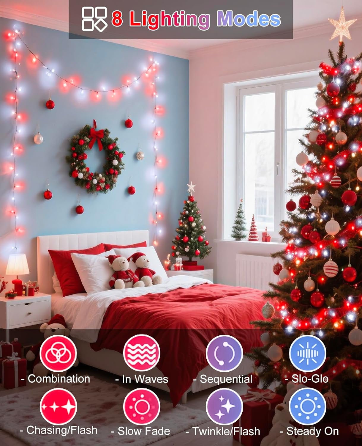 LINYAN-40FT 120 LED Christmas Lights Outdoor, Red White Christmas ...
