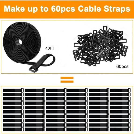 LINYAN-40Ft x 1" Adjustable Cable Straps with 60 Buckles, Hook and Loop ...