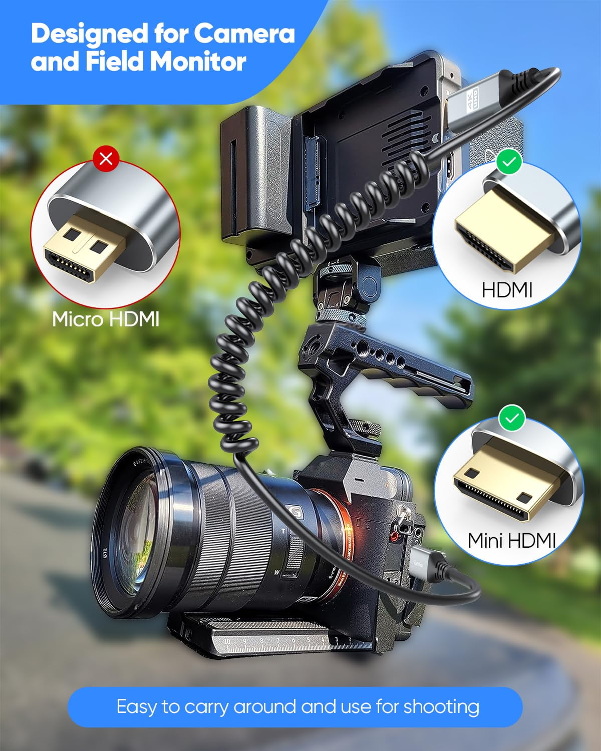 LINYAN-4K Mini HDMI to HDMI Coiled Cable 1FT-3FT for Camera Field ...