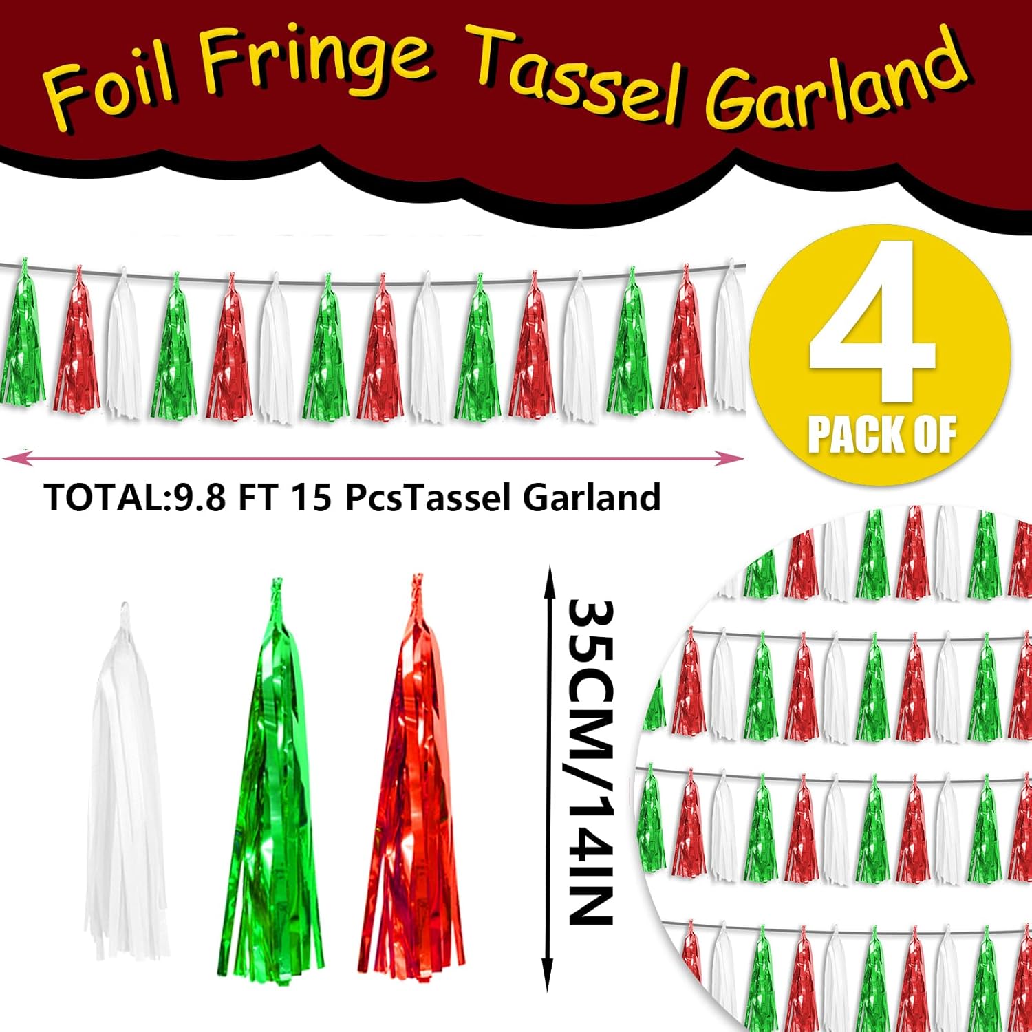 LINYAN-4P Red Green White Foil Fringe Metallic Tassel Streamers Banner ...