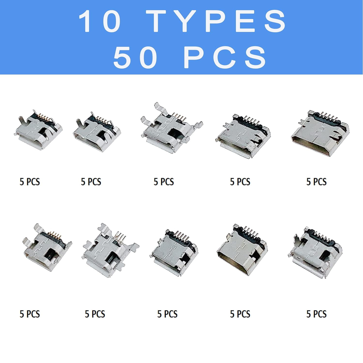LINYAN-50 Pcs 10 Models Micro USB Female Sockets Connector, 5-Pin Jack ...