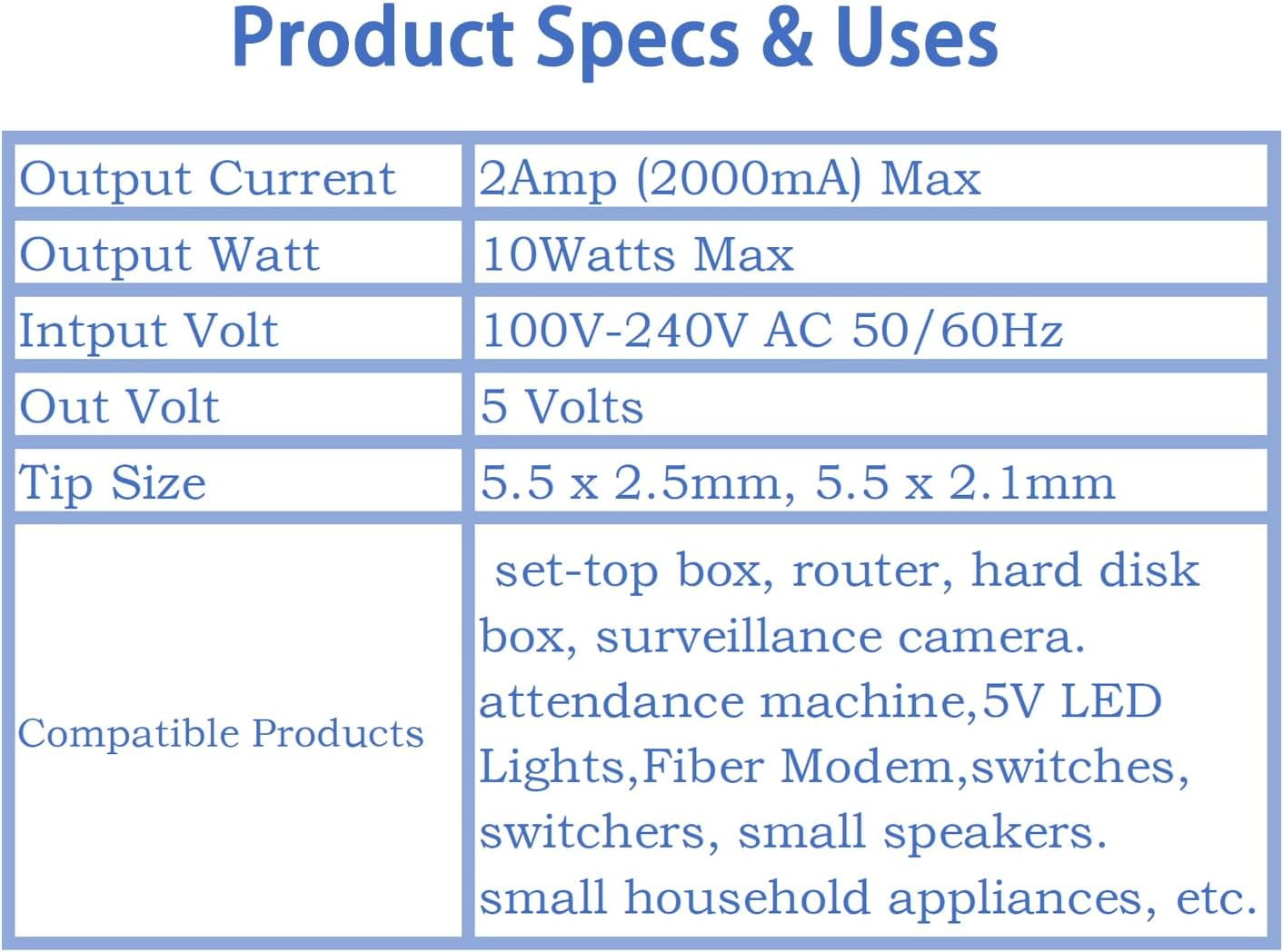 LINYAN-5V 2A Power Adapter with DC Power Cord, 100-240V AC to DC 5V ...