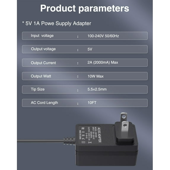 LINYAN-5V 2A Power Supply 5Volt 2Amp AC Adapter 100-240V DC 5V Power ...