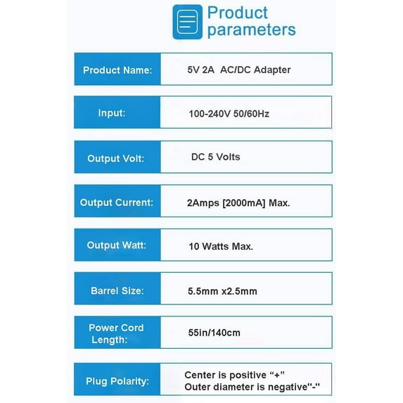 LINYAN-5V 2A Power Supply Adapter DC Power Supply Adapter AC/DC Wall ...