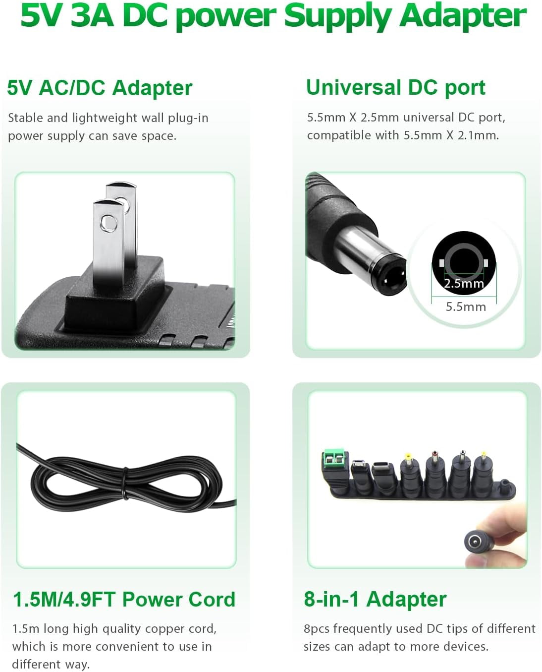 LINYAN-5V 3A Power Supply Adapter 15W AC/DC 5V Power Cord AC 100V-240V ...