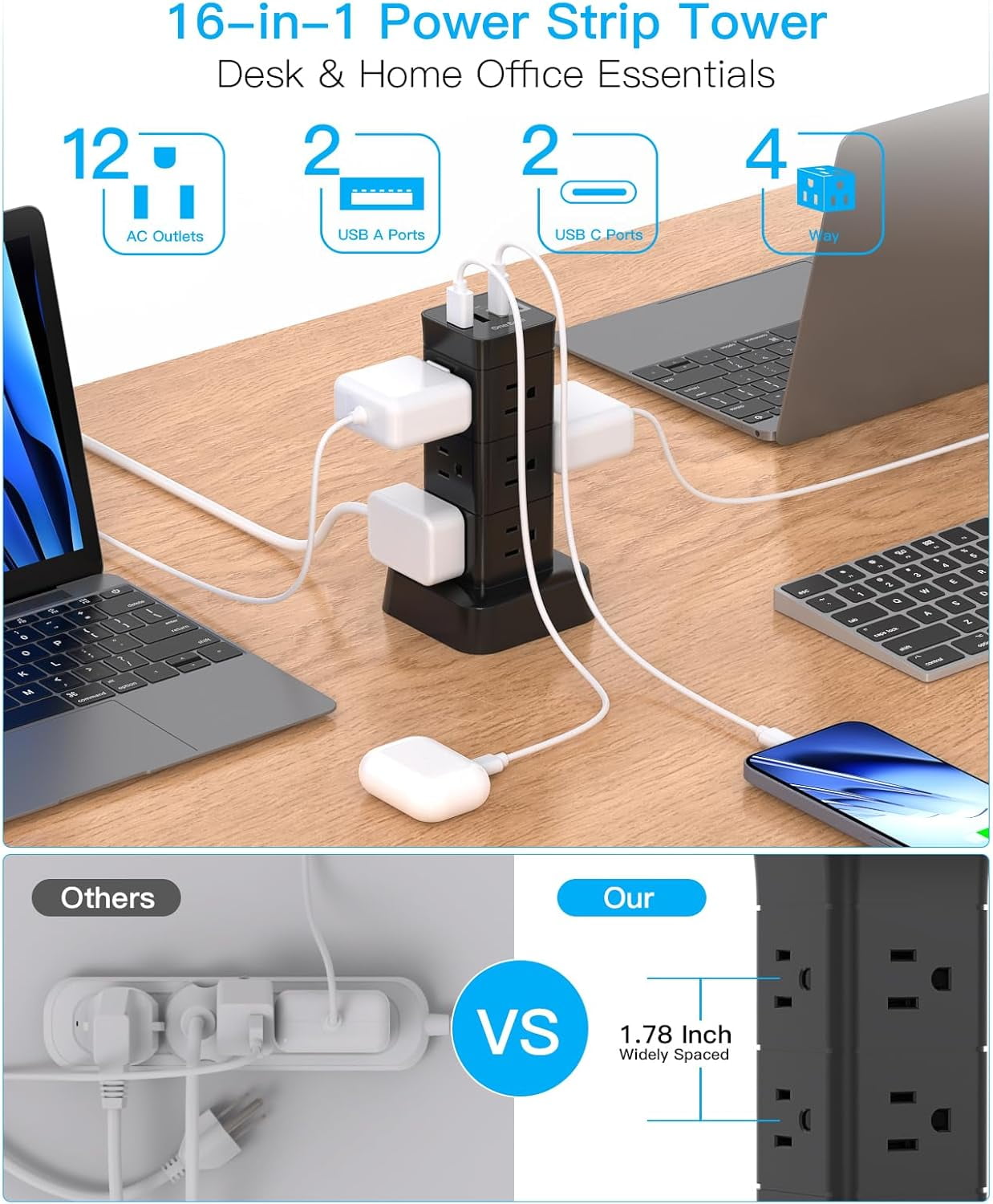 LINYAN-6 Feet Surge Protector Power Strip Tower, 12 Outlets 4 USB (2 ...