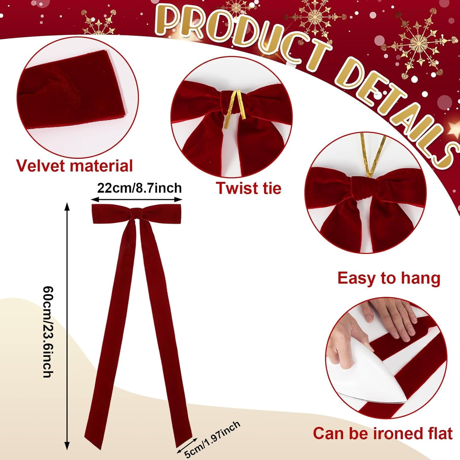 LINYAN-6 PCS Large Velvet Bows for Christmas Tree 23.6x8.7 Inch Rustic ...