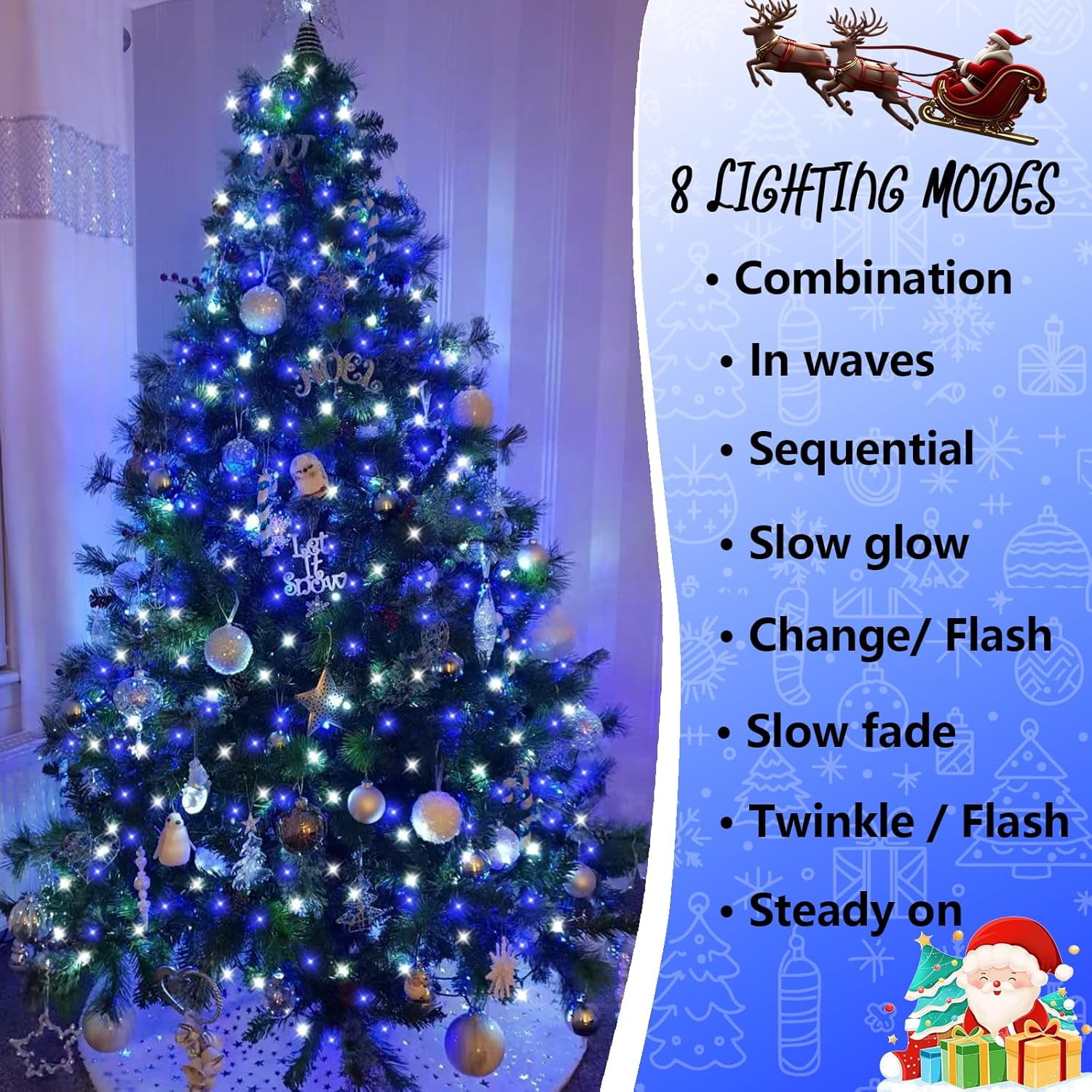 LINYAN-66ft 200 LED Christmas Lights Outdoor Waterproof, White and Blue ...