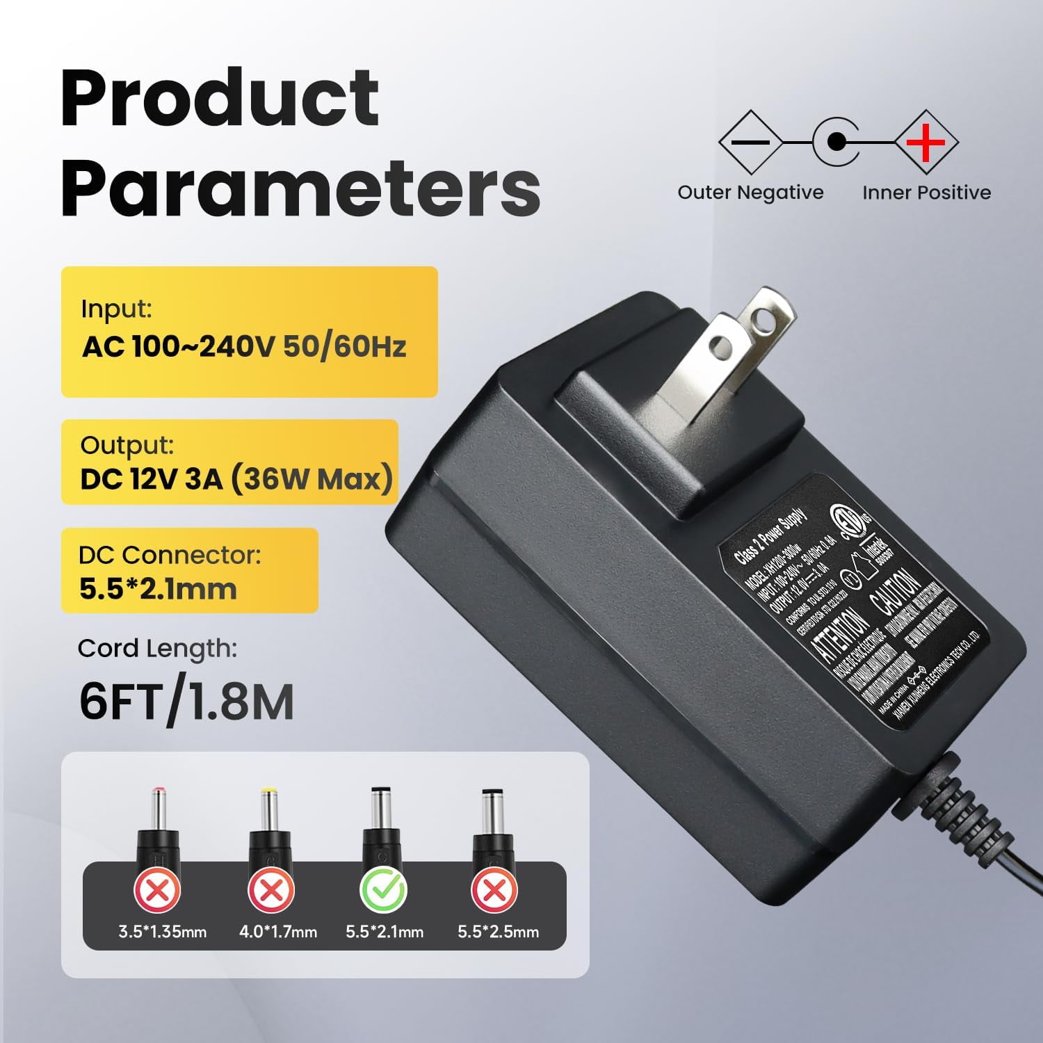 LINYAN-6FT 12V 3A 36W Power Supply Adapter with 8 Tips 3000mA 0.5A 1A ...