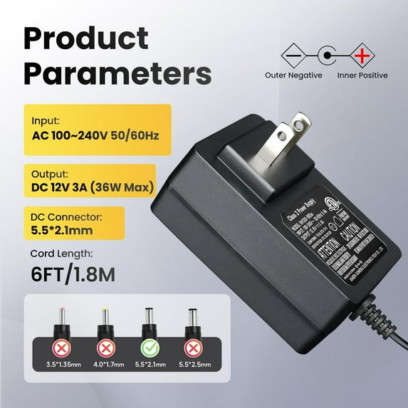 LINYAN-6FT 12V 3A 36W Power Supply Adapter with 8 Tips 3000mA 0.5A 1A ...