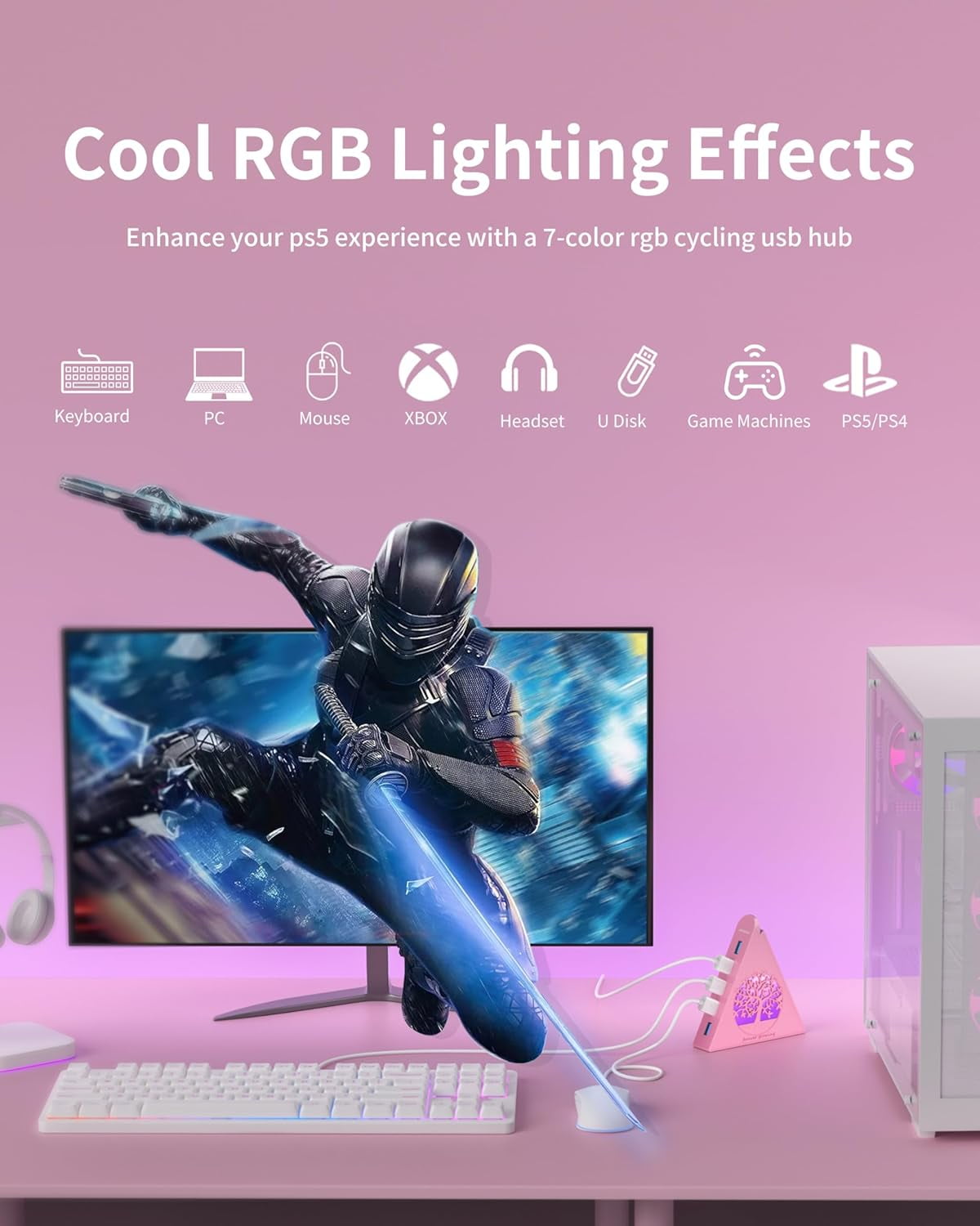 LINYAN-7-Port USB 3.0 Hub, RGB USB Hub with RGB Tree Light and 2ft ...