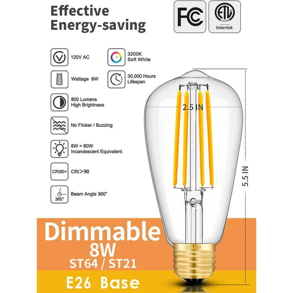 LINYAN-8W Dimmable LED Edison Bulb 80W Equivalent 800LM, 3200K Soft ...