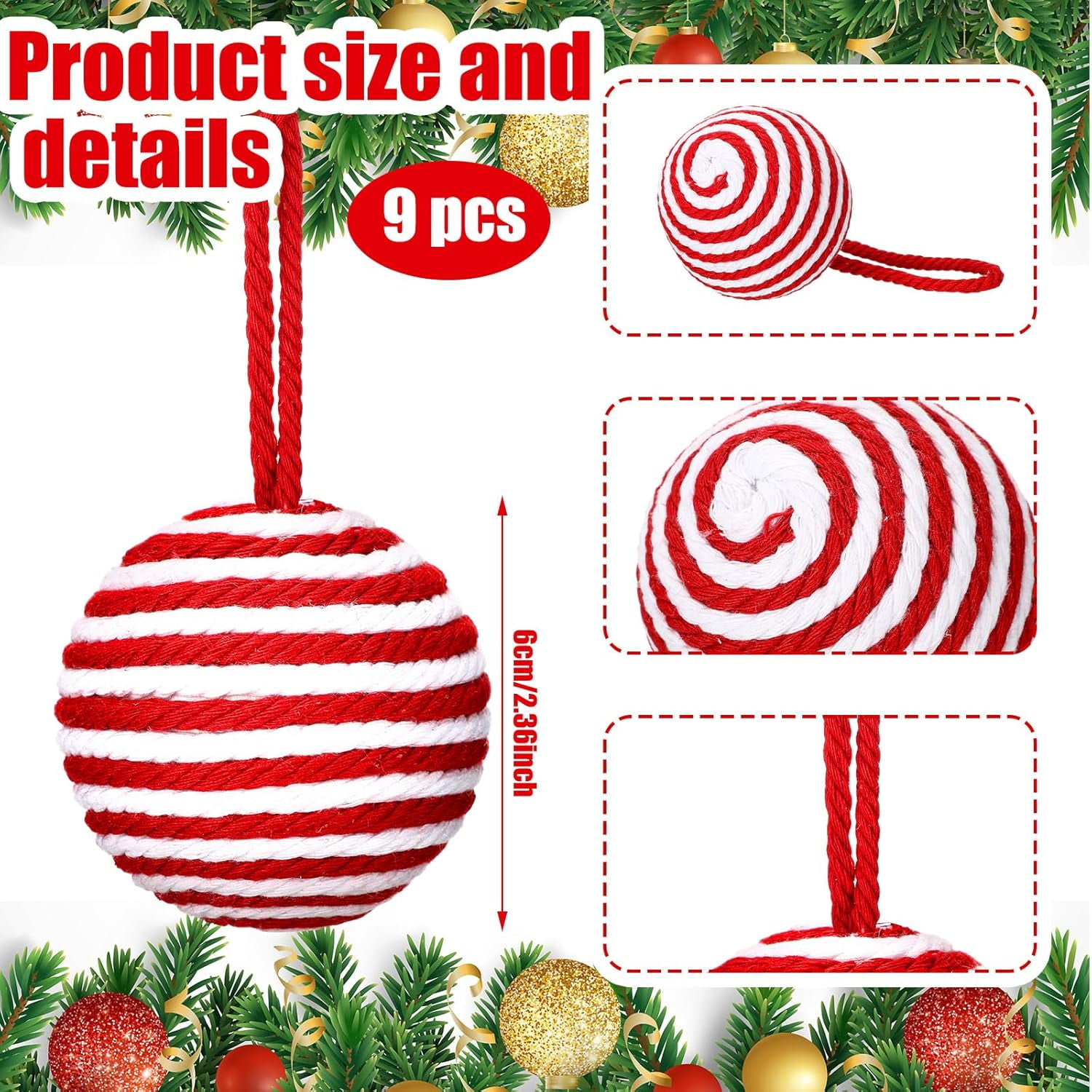 LINYAN-9 Pcs Candy Cane Christmas Ball Ornaments 2.36 Inch Red and ...
