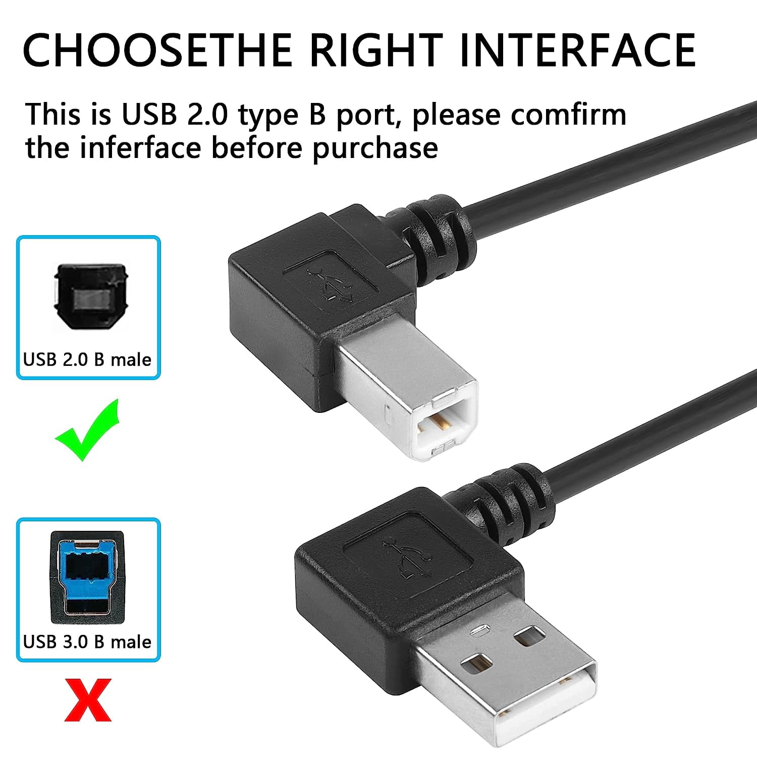 LINYAN-90 Degree Left Angle USB Printer Scanner Cable, 1ft Type A to B ...