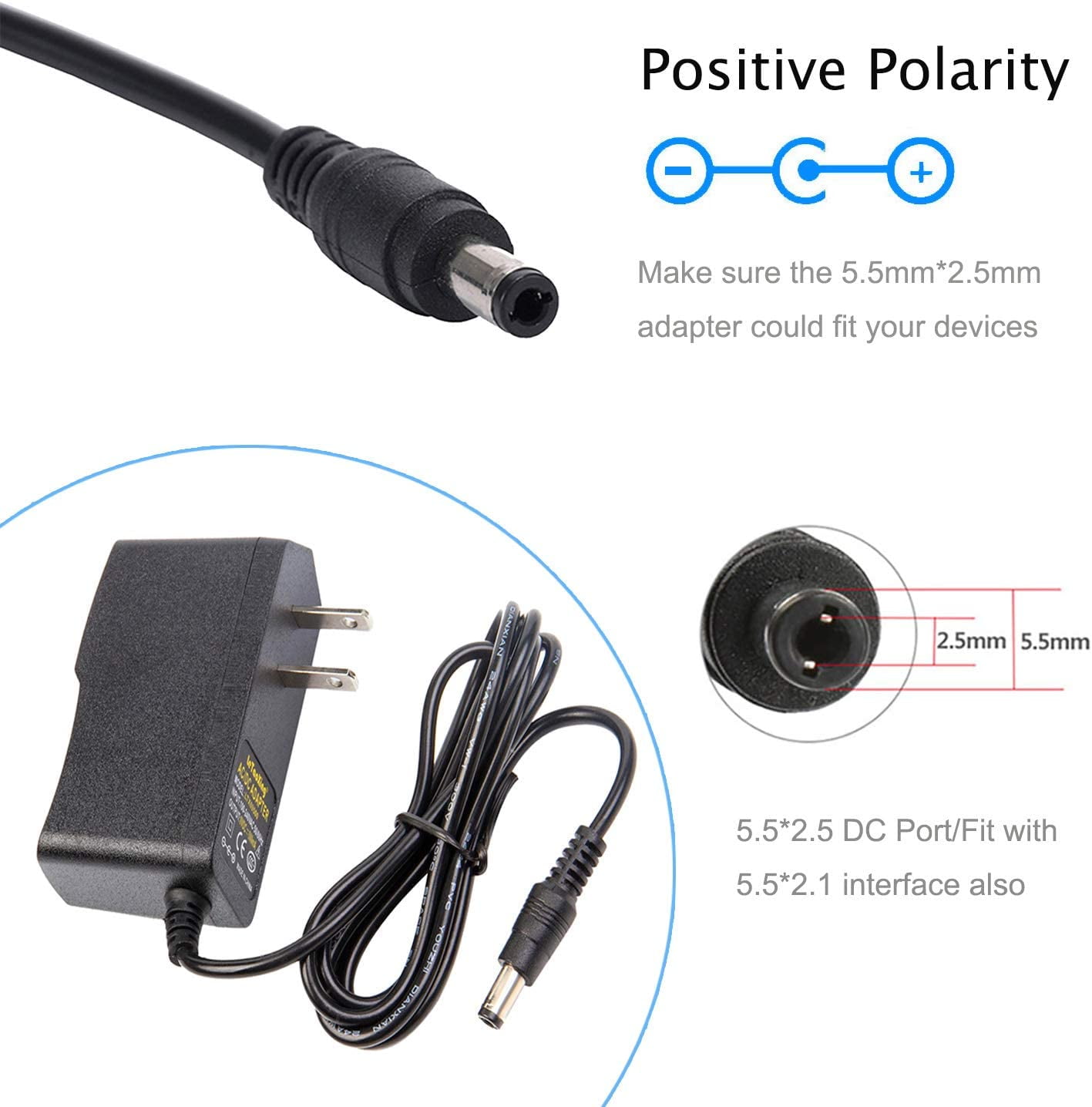 LINYAN-AC DC 9V 1A Power Supply Adapter 1000mA 5.5mm x 2.5m 9V1A Wall ...