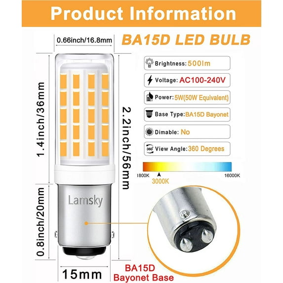 LINYAN-BA15D LED Bulb for Sewing Machine Light,DC Bayonet Base 5 Watt ...