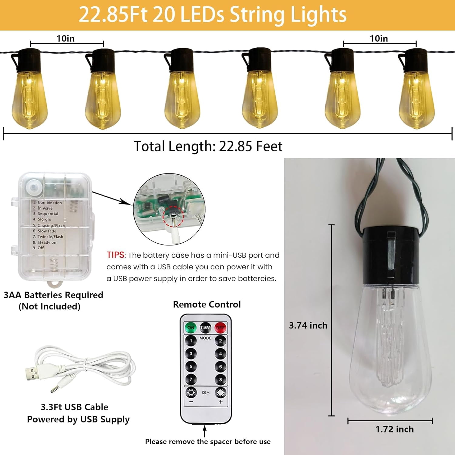 LINYAN-Battery Operated Outdoor Lights 22.8Ft 20 LED Edison Bulbs ...