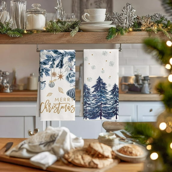 LINYAN-Blue Xmas Tree Pinecone Christmas Bar Kitchen Towels, 12x24 Inch ...