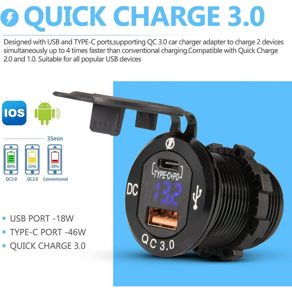 LINYAN-Car Charger Socket Quick Charge 3.0QC,Dual Port USB Type C ...