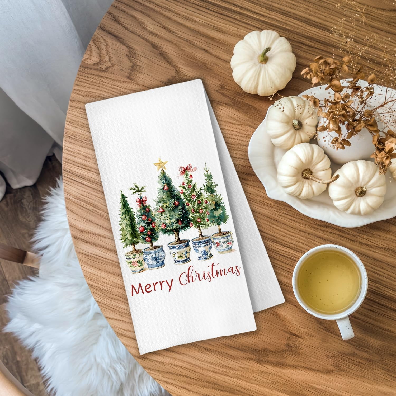 LINYAN-Chinoiserie Merry Christmas Tree Kitchen Towels, Grandmillennial ...