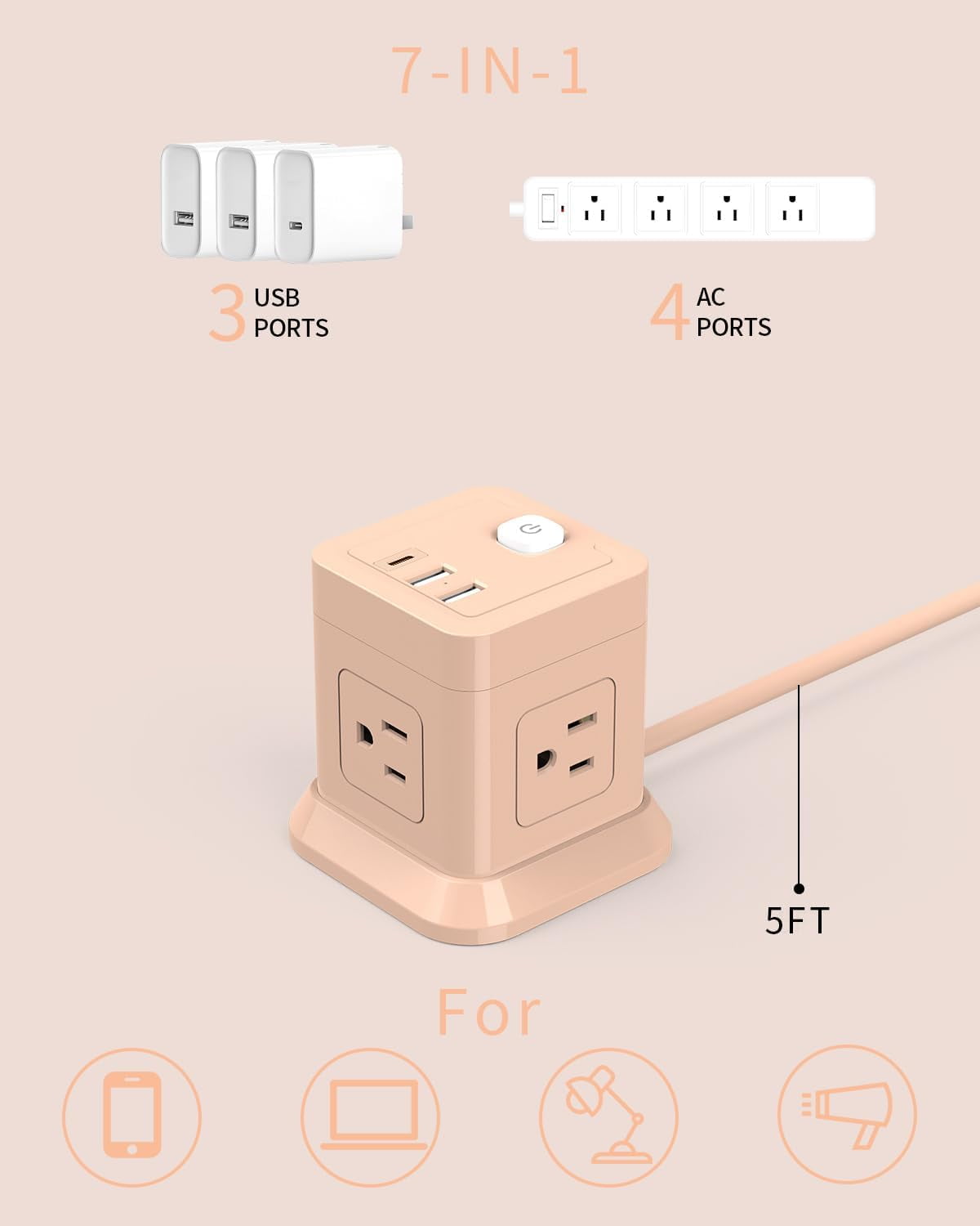LINYAN-Cube Power Strip, 4 Widely Spaced Outlet with 3 USB (1 USB C ...