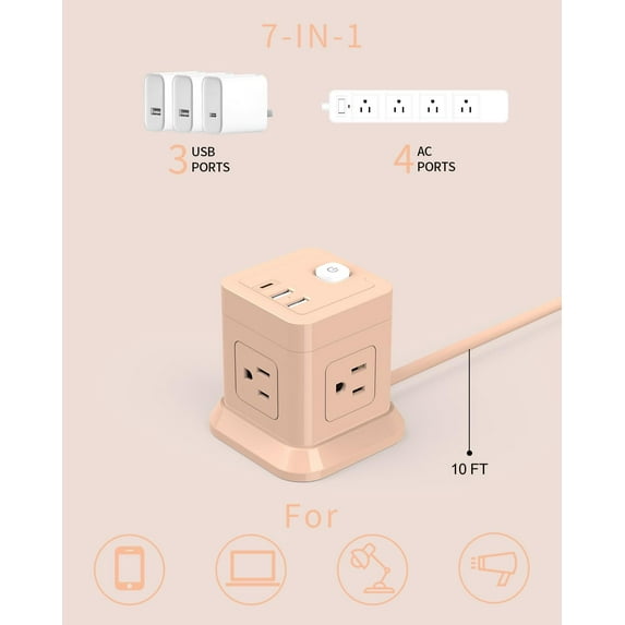 LINYAN-Cube Power Strip, 4 Widely Spaced Outlet with 3 USB (1 USB C ...
