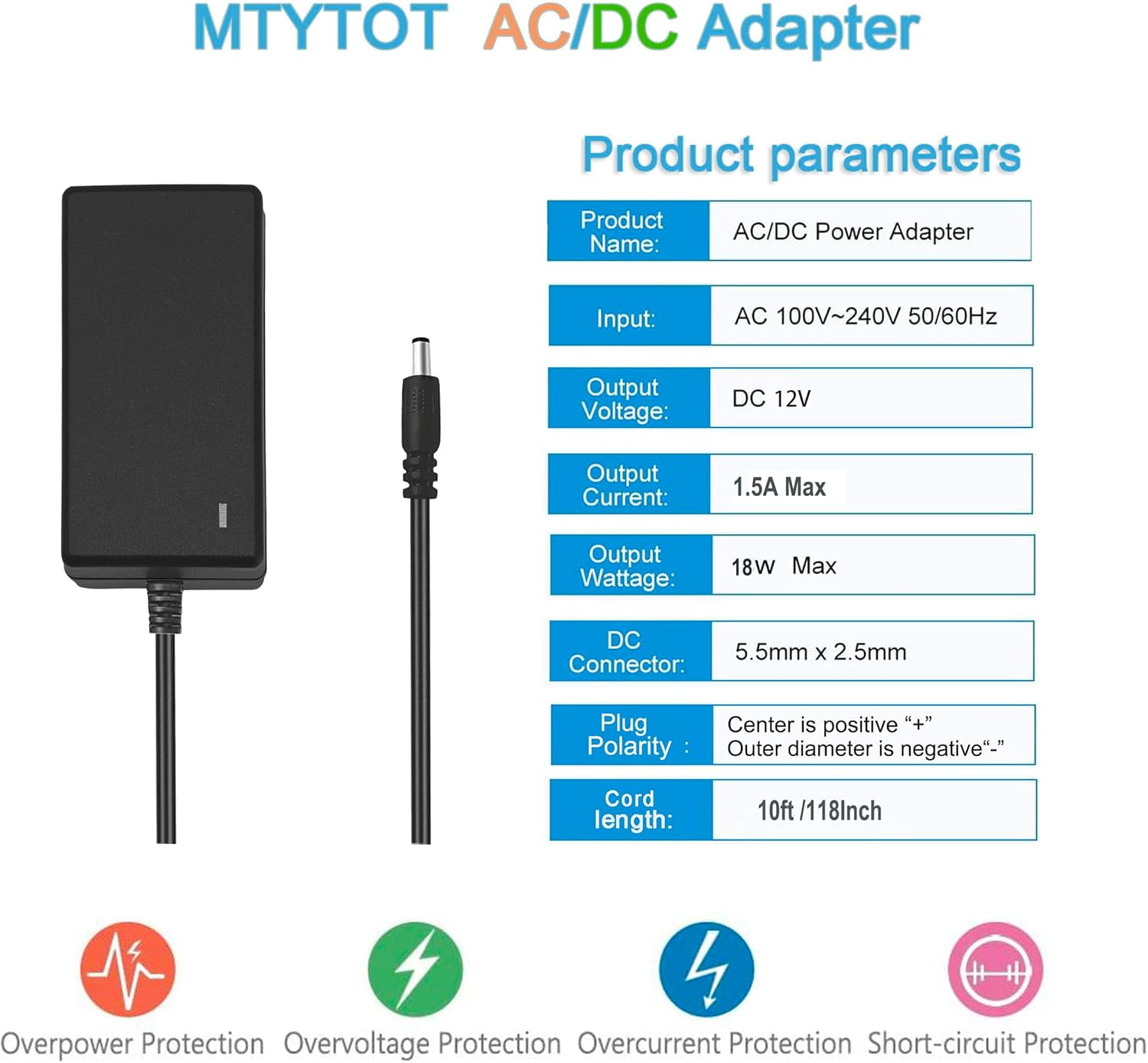 LINYAN-DC 12V 1.5Amp Power Adapter Supply, 100-240 50/60Hz to 12 Volts ...