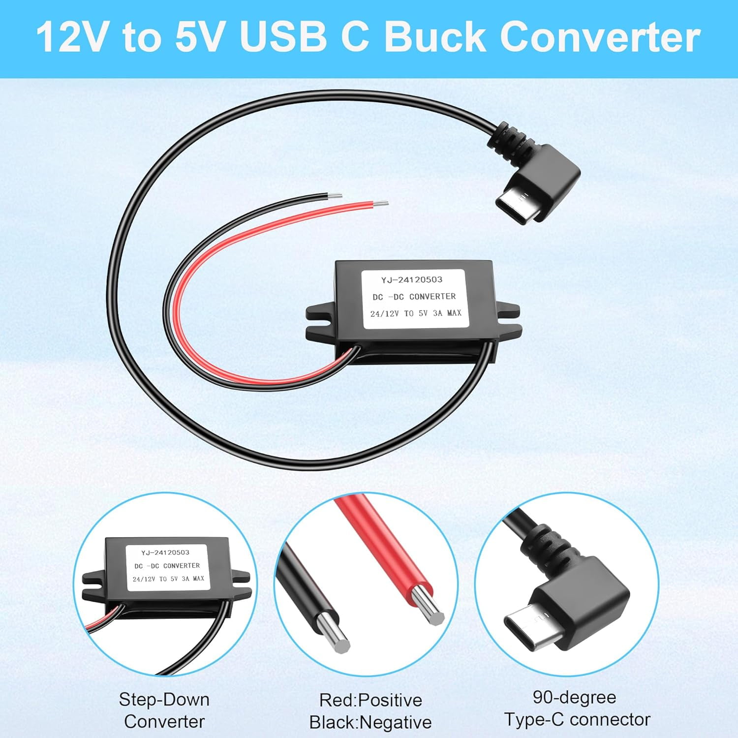 LINYAN-DC 12V/24V to 5V USB C Step Down Converter Power Adapter,3A 15W ...