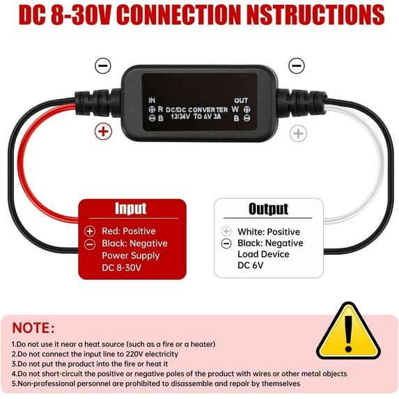 LINYAN-DC 12V/24V to 6V Voltage Converter DC 8-30V to 6V 3A 18W Max ...
