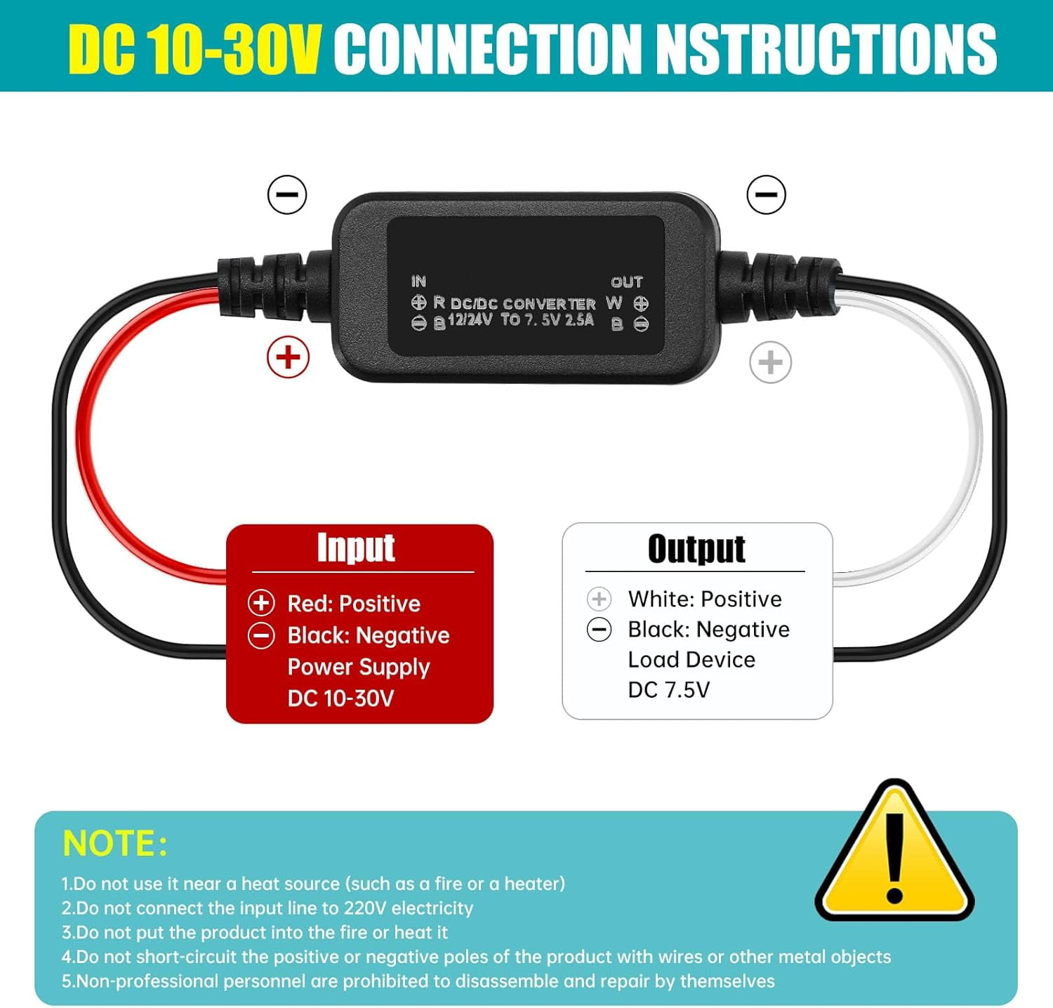 LINYAN-DC 12V/24V to 7.5V 3A Voltage Converter DC 10-30V to 7.5V 3A 22 ...