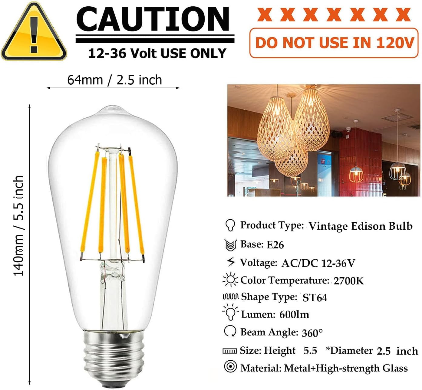 LINYAN-DC 12V ST64 LED Light Bulb 2700k 6W Warm White LED Edison ...