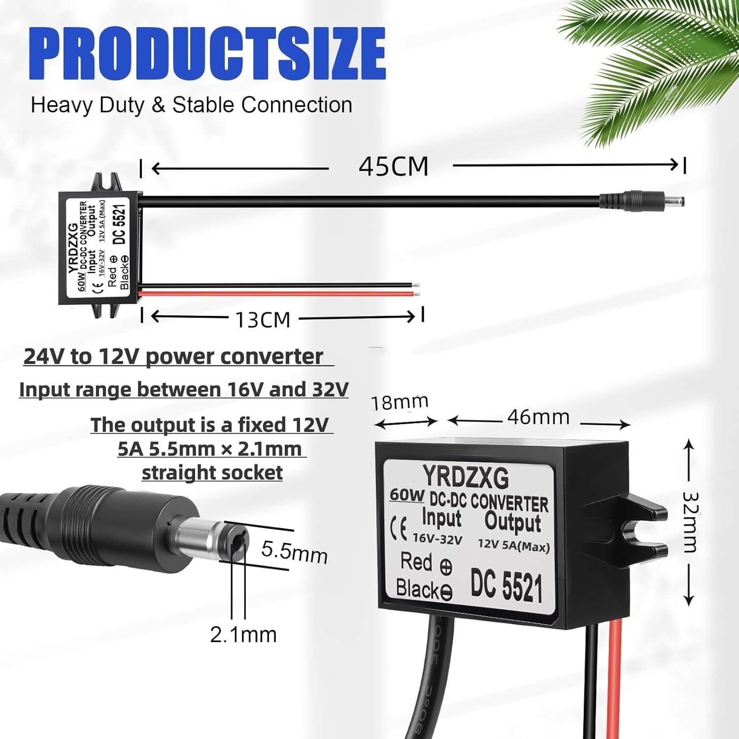 LINYAN-DC 24V to 12V 5A Power Adapter Conversion, with 5.5mmx2.1mm DC ...